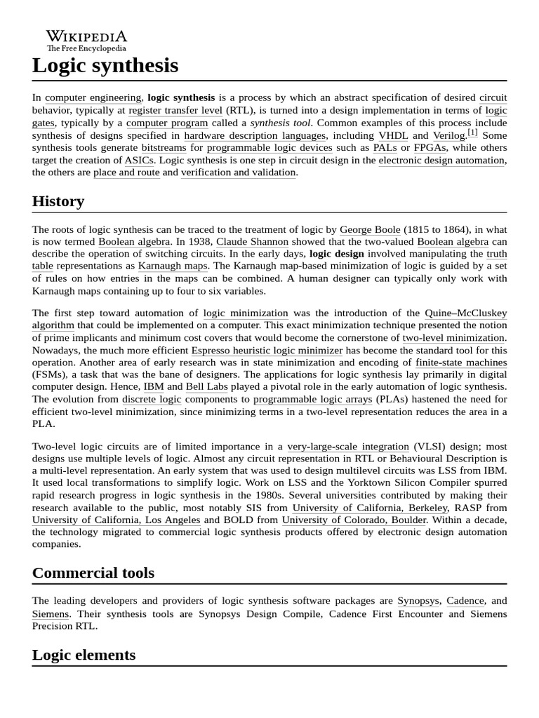 Logic Synthesis - Wikipedia | PDF | Logic Synthesis | Computer Engineering