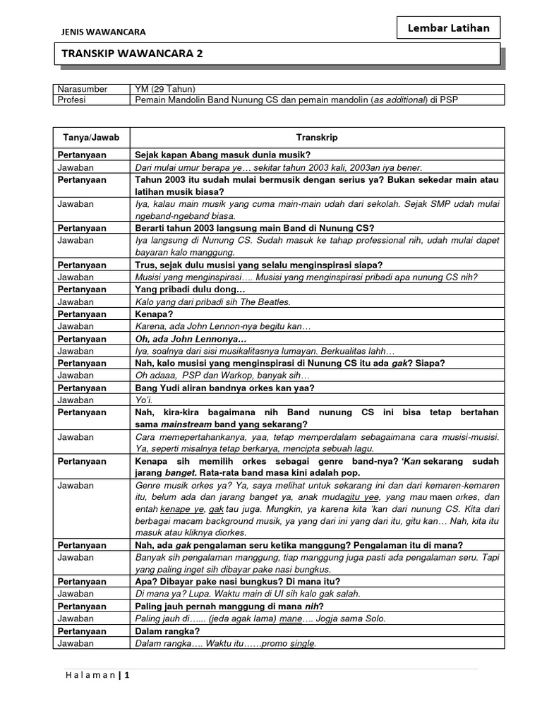 Transkrip Wawancara Musisi Mandolin | PDF | Seni & Disiplin Bahasa