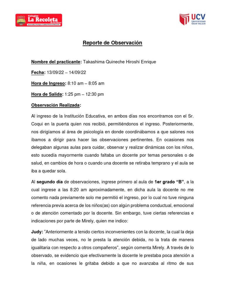 Reporte de Observación (DIA 2 y 3) | PDF | Salón de clases