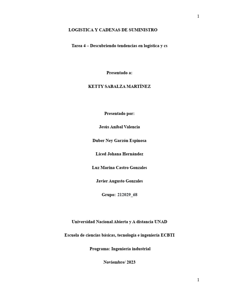 COLABORATIVO, TAREA 4 GRUPO - 68 Log - Cs | PDF | Logística | Internet de las Cosas
