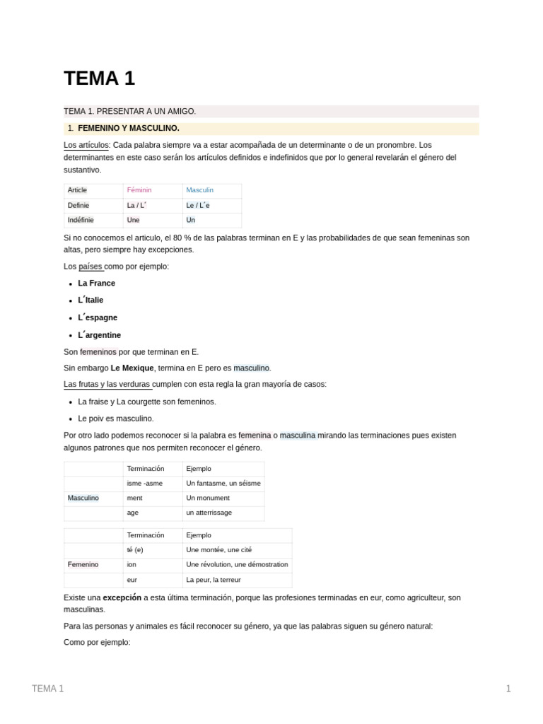 Tema 1 Frances A1 | PDF | Verbo | Adjetivo