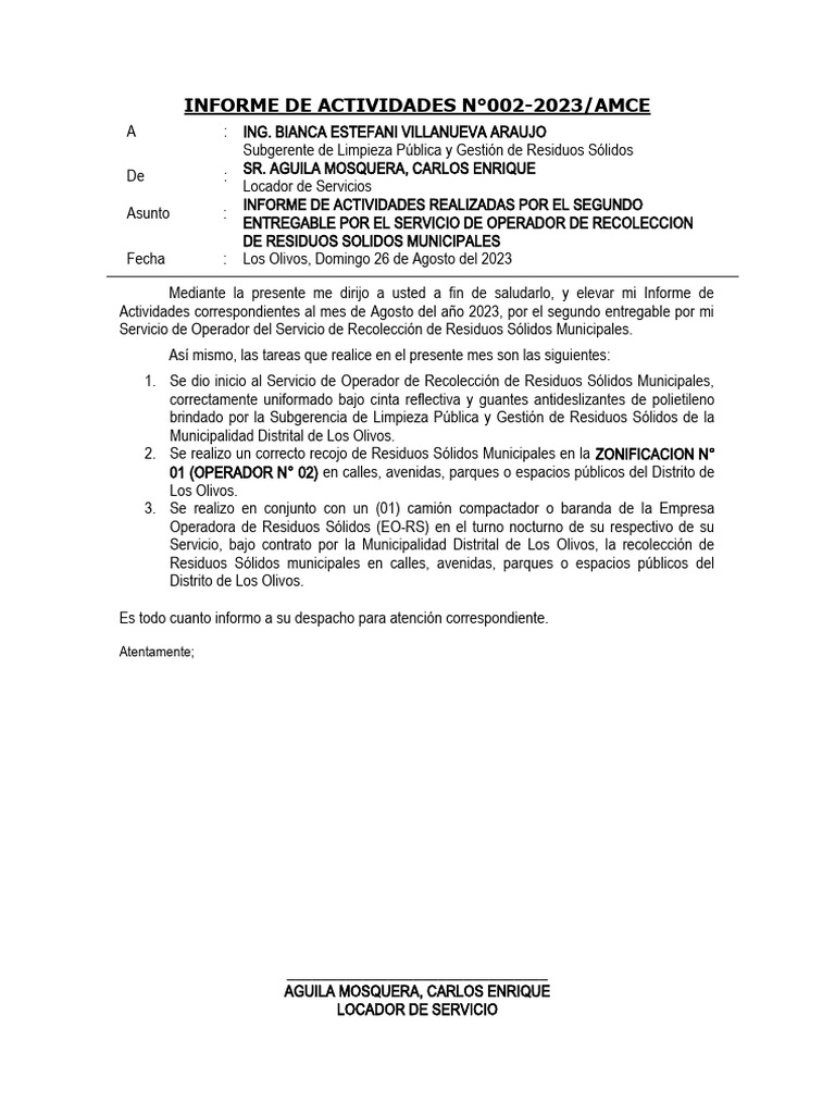 Informe de Actividades de Operadores de Recoleccion de RRSS Agosto 2do Entregable | PDF ...