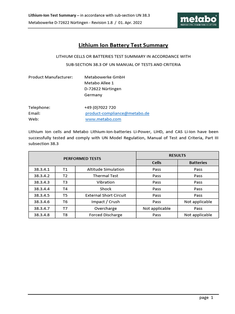 UN 38.3 Lithium Battery Test Summary | PDF | Lithium Ion Battery ...