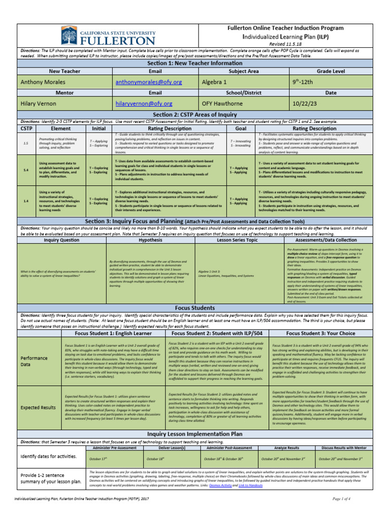 Ilp Form - Anthony Fall 2023 | PDF | Educational Assessment | Learning