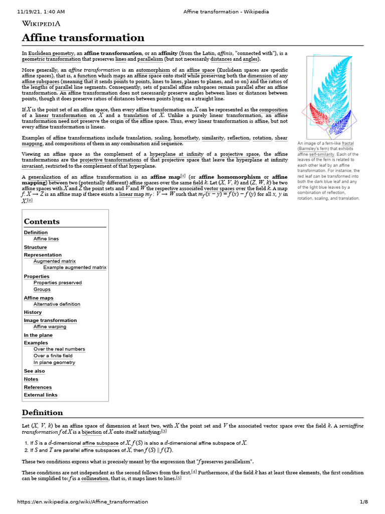Affine Transformation - Wikipedia | PDF | Linear Map | Vector Space