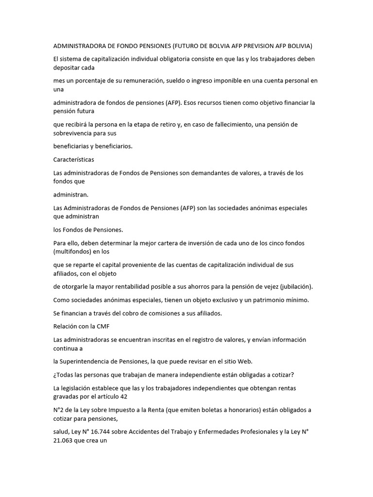 Administradora de Fondo Pensiones (Futuro de Bolvia Afp Prevision Afp ...