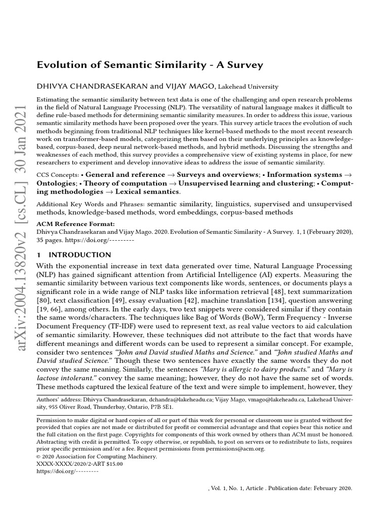 Evolution of Semantic Similarity - A Survey | PDF | Matrix (Mathematics) | Cognitive Science