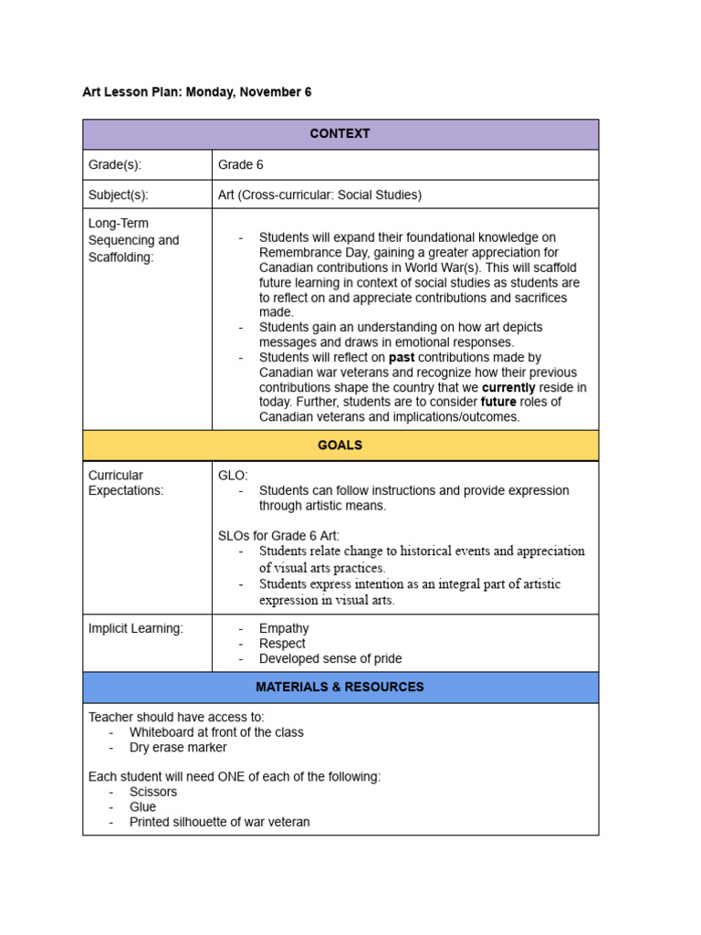 Grade 6 Art Lesson: Remembrance Day | PDF | Lesson Plan | Neuroscience
