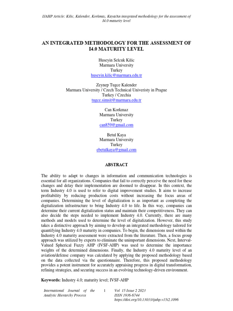 Integrated Methodology for I4.0 Maturity Assessment | PDF | Fuzzy Logic ...