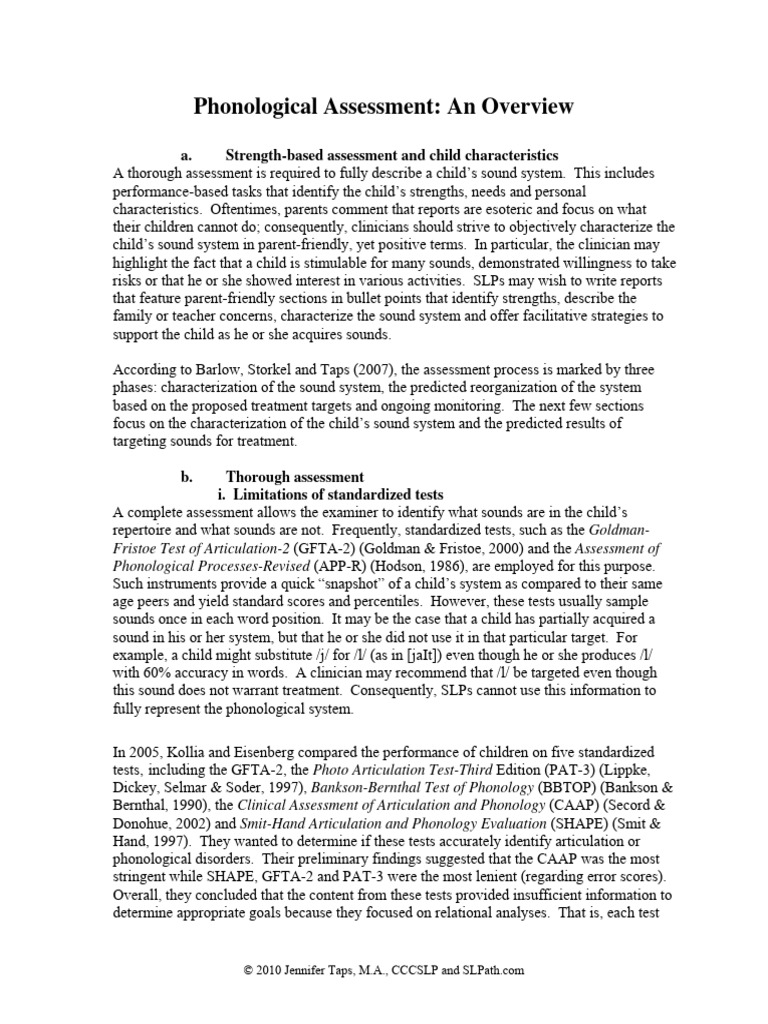 Phonological Assessment Overview | PDF | Phoneme | Speech