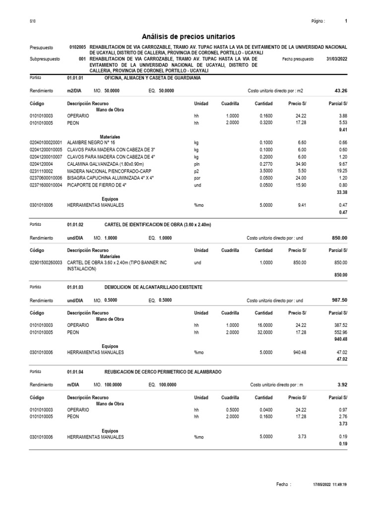 Precios Unitarios | PDF | Hormigón | Ingeniería de Edificación