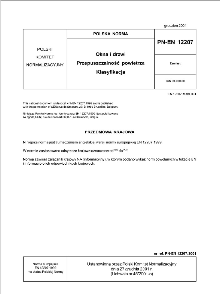 PN-EN 12207 Okna I Drzewi. Przepuszczalność Powietrza. Klasyfikacja | PDF