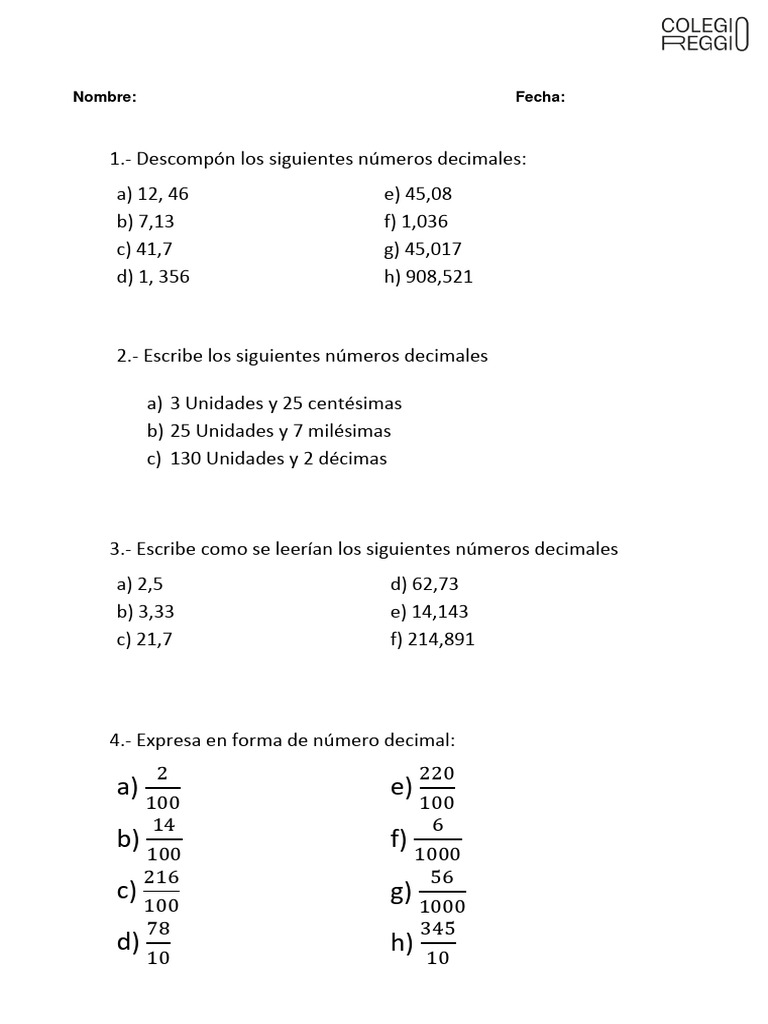 Ejercicios Números Decimales | PDF