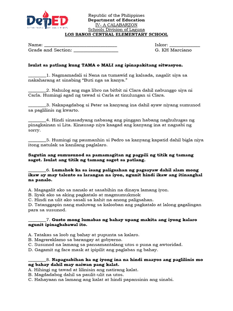 Summative Test in ESP 4 Quarter 1 Week 1-2 | PDF