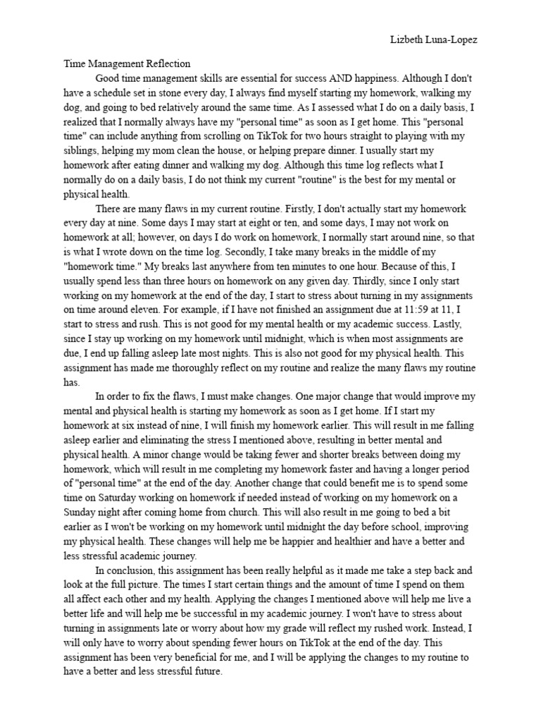 Time Management Reflection | PDF | Homework | Psychology