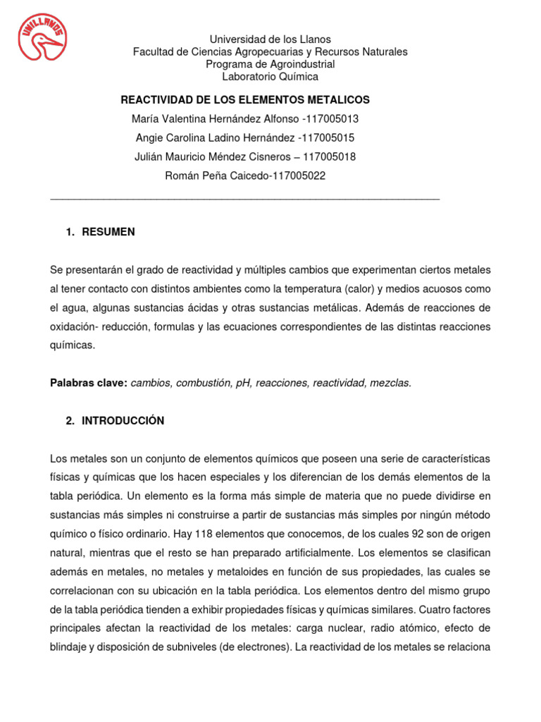 PRACTICA 6 - Reactividad de Los Elementos Metalicos | PDF | Redox | Rieles