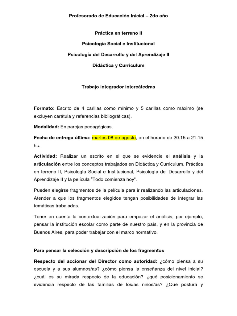 Consigna Trabajo Integrador Intercátedras. Profesorado de Educación Inicial. 2do Año | PDF ...
