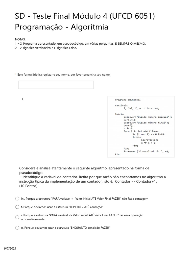 SD Teste Final Modulo 4 UFCD 6051 Programacao Algoritmia Pre ...