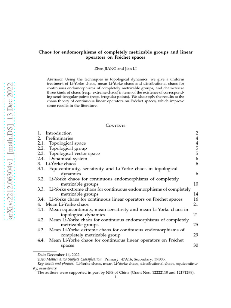 Jiang - Li - Chaos For Endomorphisms of Completely Metrizable Groups and Linear Operators On ...