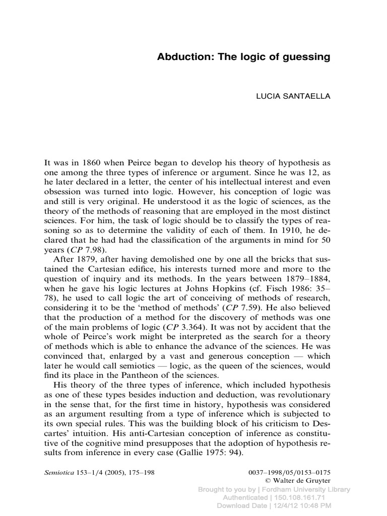 Abduction - The Logic of Guessing - Santaella, Lucia - Semiotica, #153 | PDF | Inductive ...