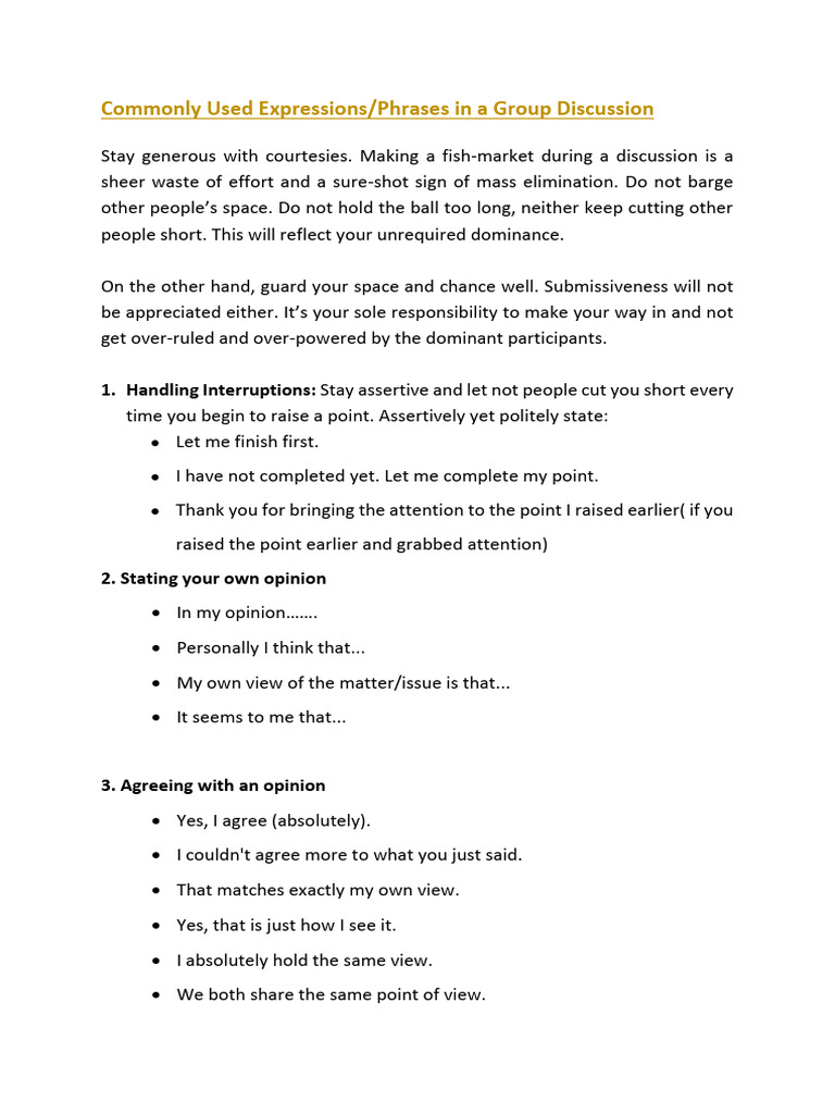 Commonly Used Expressions in Group Dicussion | PDF