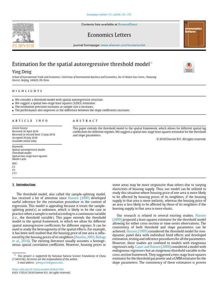 Deng (2018) (Estimation For The Spatial Autoregressive Threshold Model) | PDF | Ordinary Least ...
