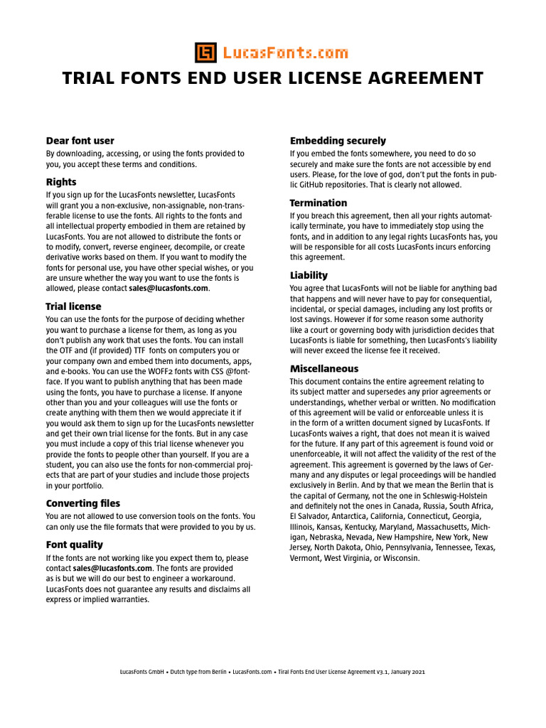 LucasFonts Trial Fonts License v3.1 | Download Free PDF | License ...