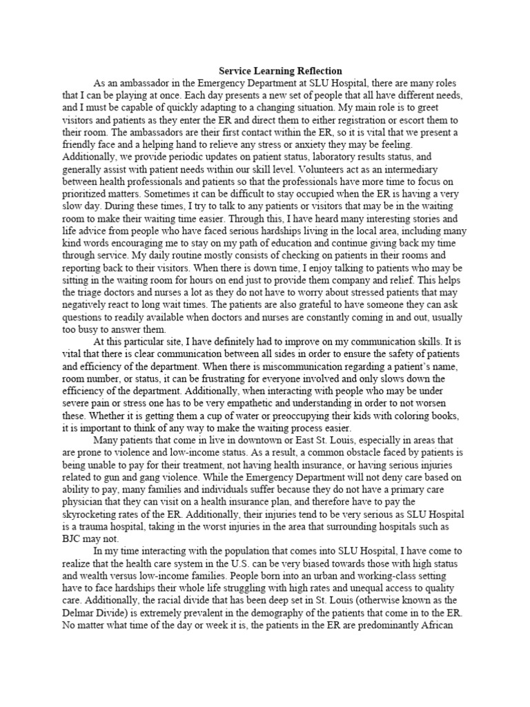Service Learning Reflection | PDF | Emergency Department | Hospital