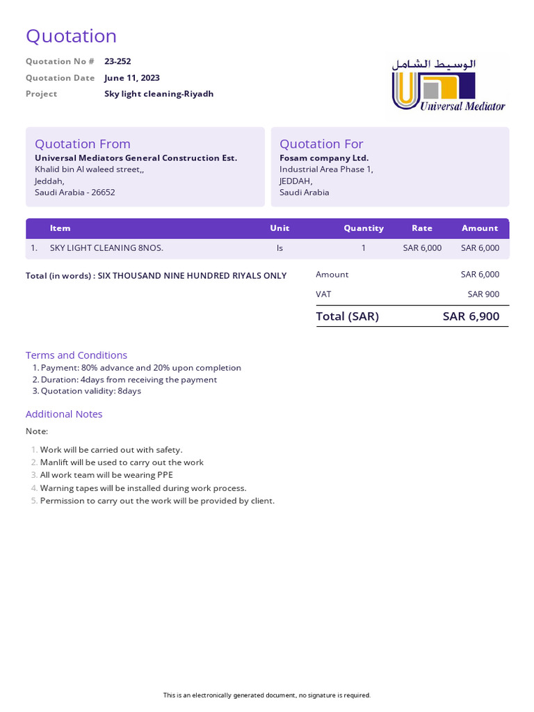 Quotation 23 252 Universal Mediators General Construction Est Fosam Company LTD | PDF