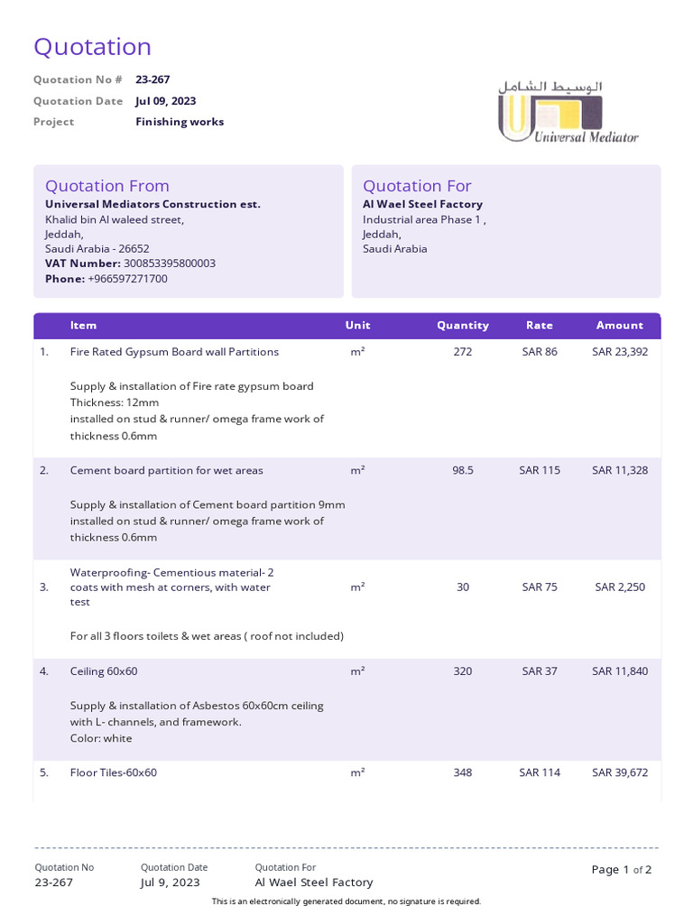Quotation 23 267 Universal Mediators Construction Est Al Wael Steel ...