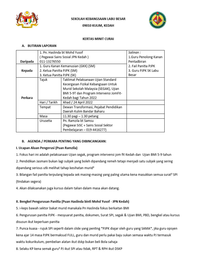 KERTAS MINIT CURAI TAKLIMAT Bengkel PJPK | PDF