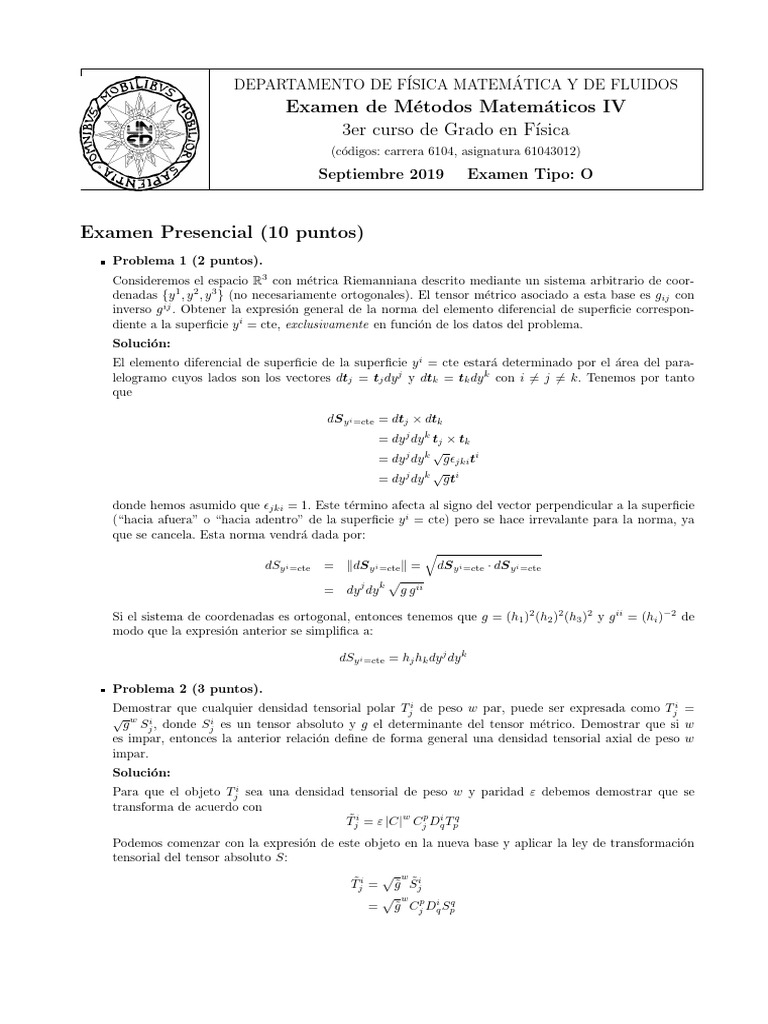 Examen de M Etodos Matem Aticos IV: 3er Curso de Grado en F Isica | PDF | Tensor | Física Matemática