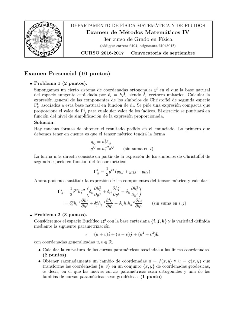 Examen de M Etodos Matem Aticos IV 3er Curso de Grado en F Isica | PDF | Tensor | Vector Euclidiano