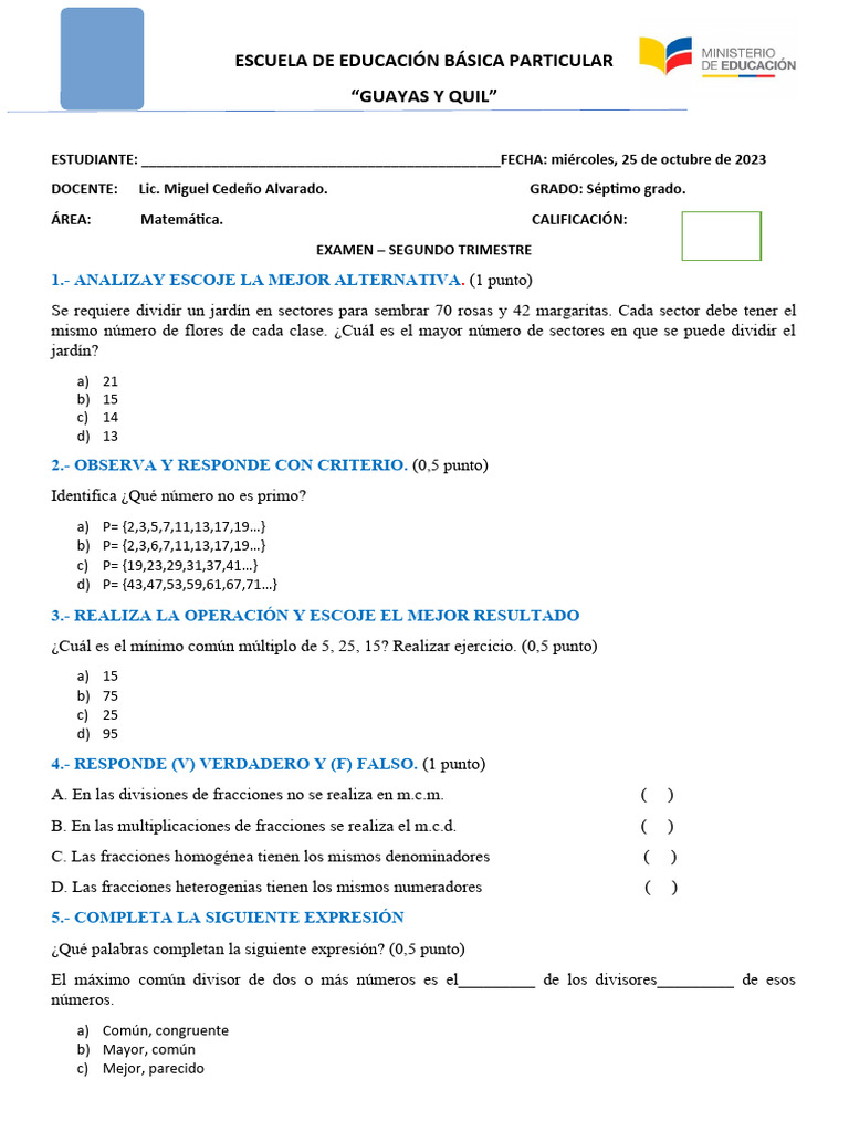 Matemática Examen, 2 Trimestre Séptimo | PDF | Teoría de los números | Matemáticas