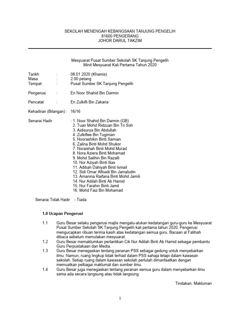 Minit - Mesyuarat PSS 1 2020 | PDF
