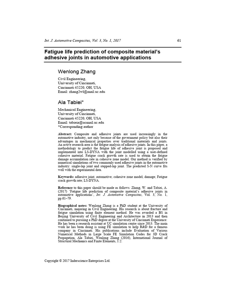 Fatigue Life Prediction Of Composite Materials Adhesive Joints In Automotive Applications Pdf