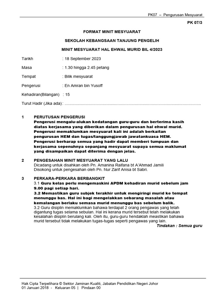 PK07-3 FORMAT MINIT MESYUARAT Hem | PDF