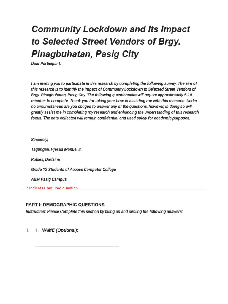 Survey Question Street Vendor | PDF | Poverty | Poverty & Homelessness