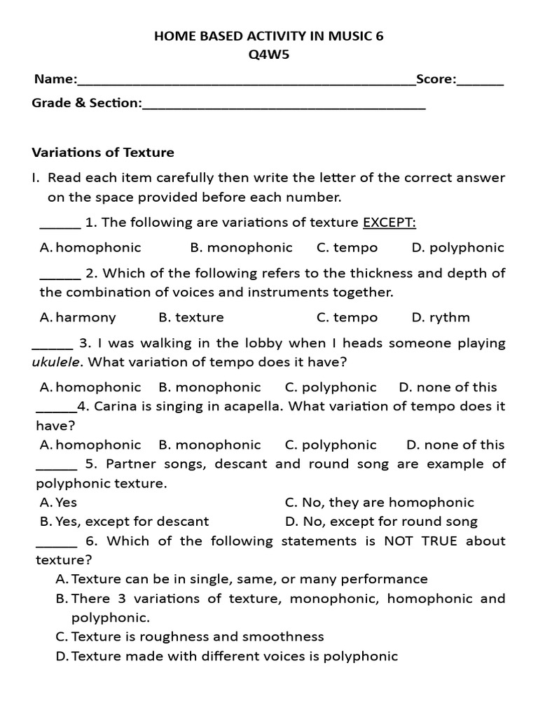 HOME BASED ACTIVITY SA Music 6 q4w5 | PDF | Singing | Songs