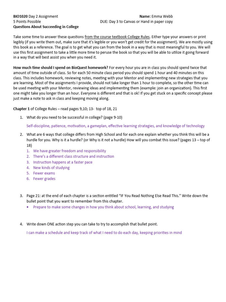 Day 2 Assignment - Questions About Suceeding in College | PDF | Books | Cognition