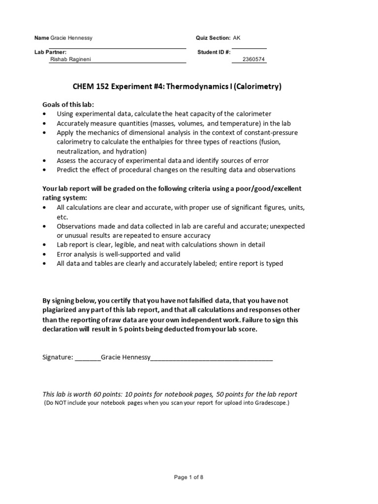 Thermodynamics I: Calorimetry Lab Report | PDF | Calorimetry | Mole (Unit)