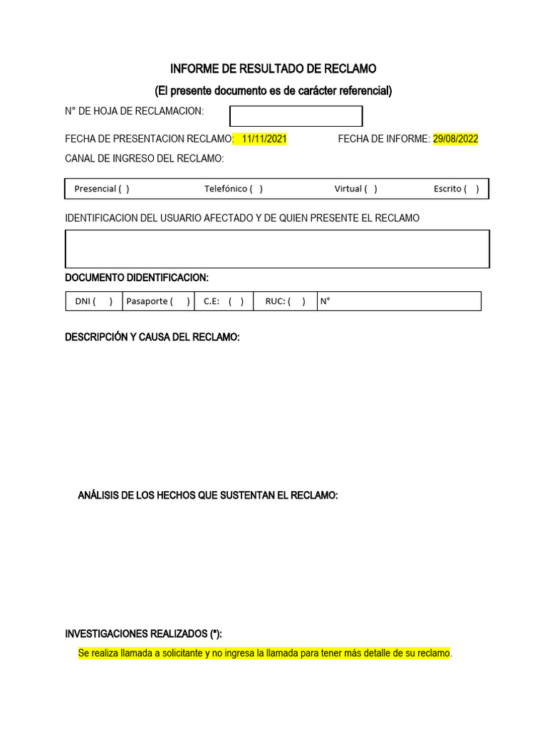 Formato de Informe de Resultado Del Reclamo | PDF