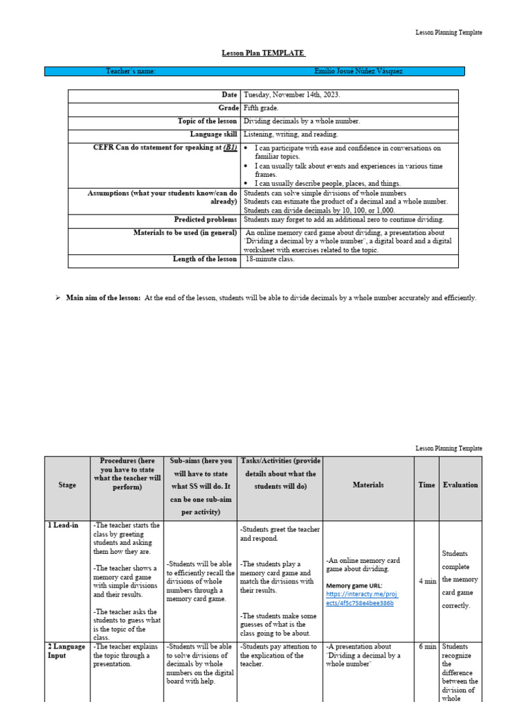 Fifth Grade Decimal Division Lesson Plan | PDF | Lesson Plan | Memory
