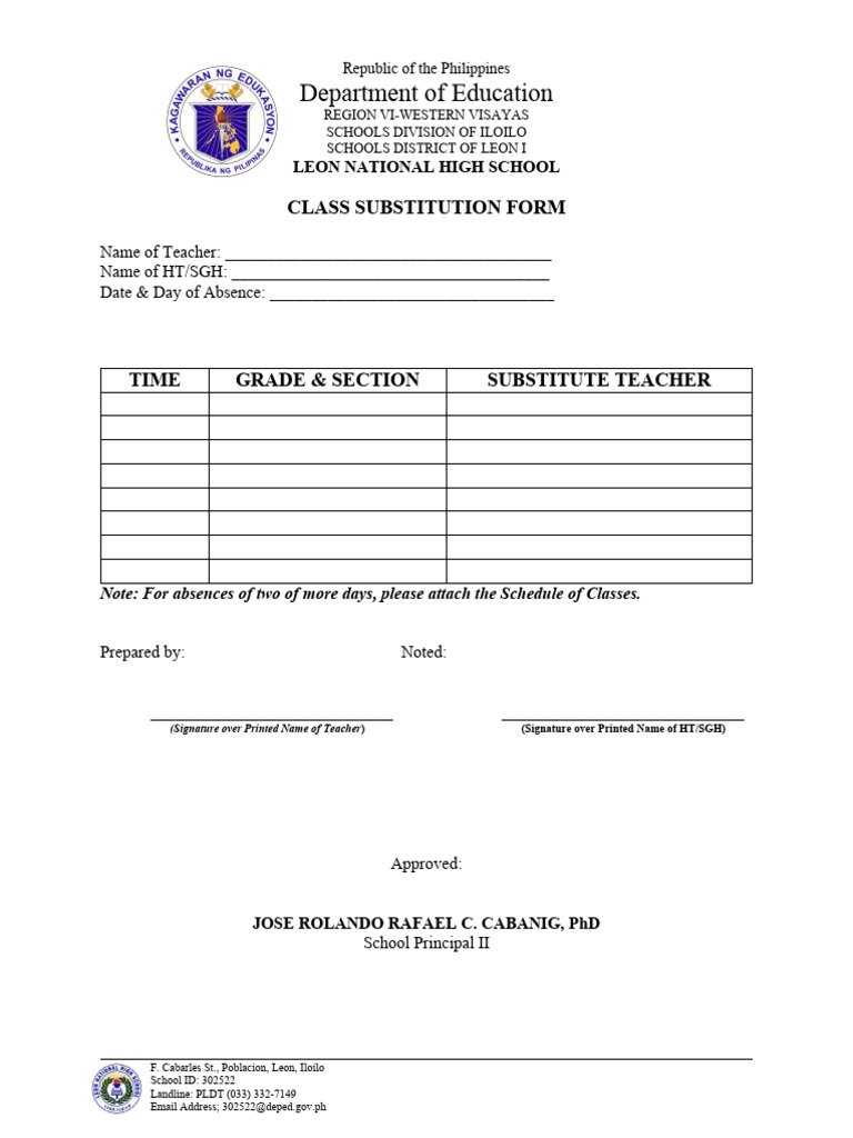 Class Substitution Form for Teachers | PDF | Social Science