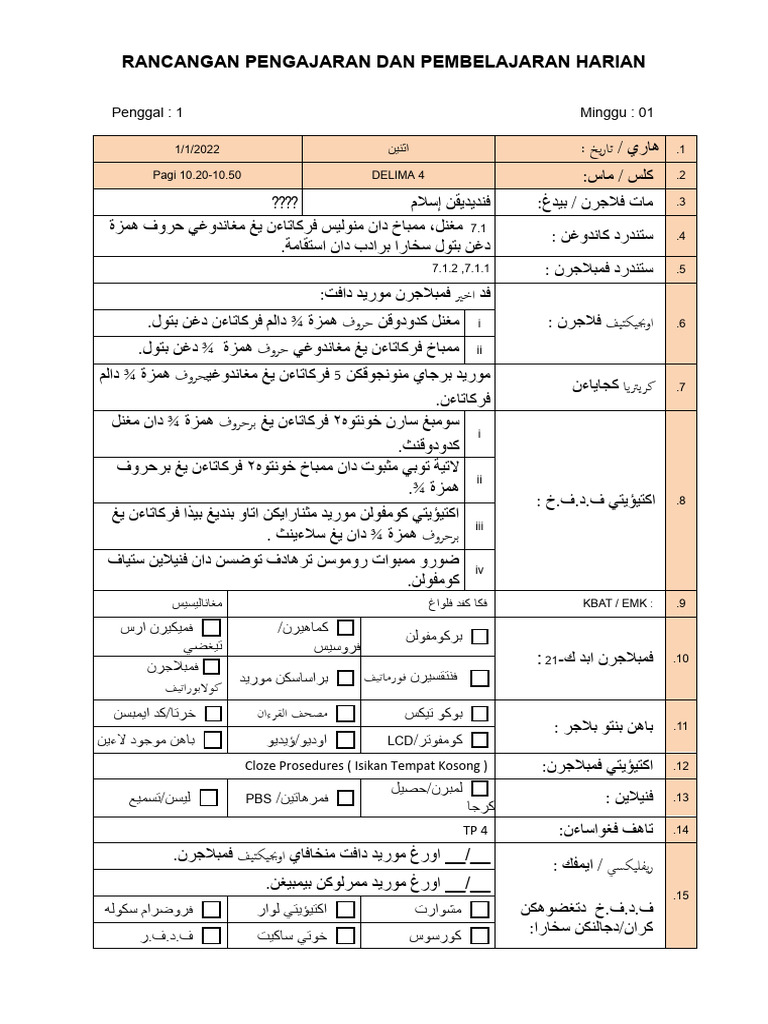 RPH Pak21 Minggu 1-43 (Jawi) THN 4 | PDF