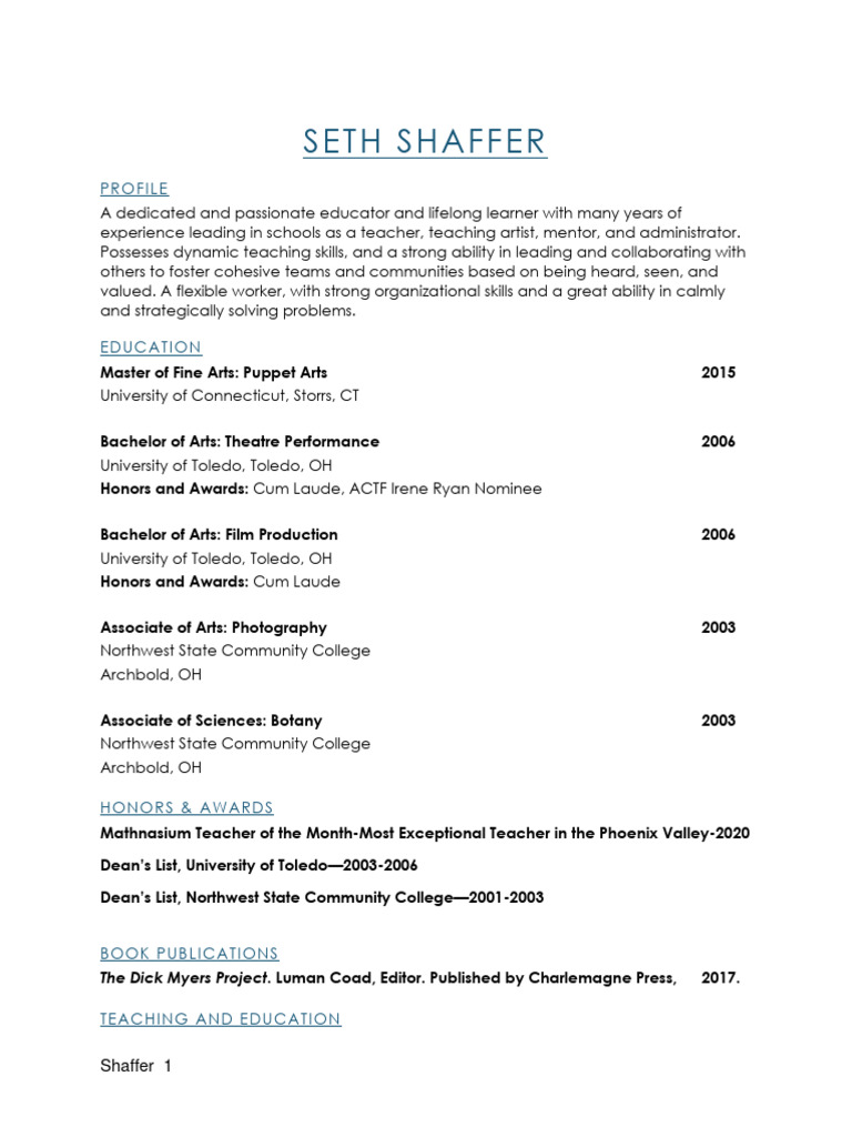 Seth Shaffer 2023 CV Weebly | PDF | Curriculum | Teachers