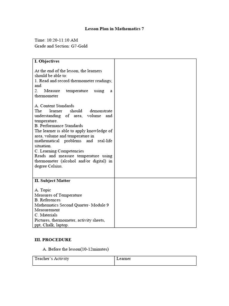 Lesson Plan in Mathematics 7 | PDF | Celsius | Fahrenheit