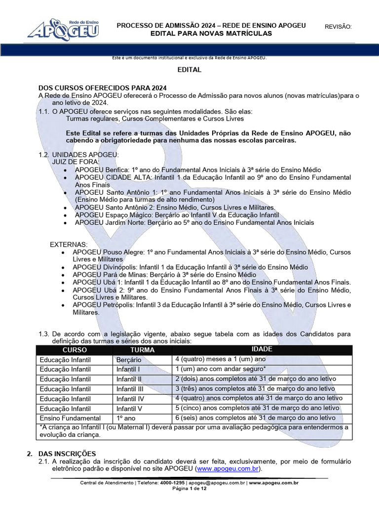 Edital de Admissão 2024 - Rede Apogeu | PDF | Pronome | Número racional
