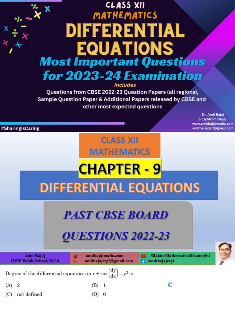 Class XII DIFFERENTIAL EQUATIONS Most Important Questions For 2023-24 Examination (Dr. Amit ...