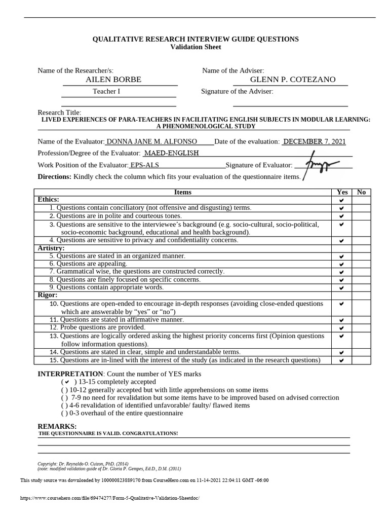 Validation Sheet | PDF | Cognition | Methodology